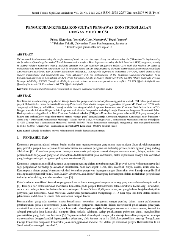 (PDF) Pengukuran Kinerja Konsultan Pengawas Konstruksi Jalan Dengan Metode Csi