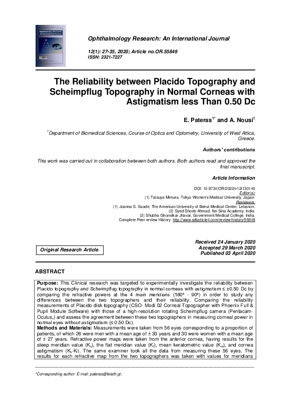 (PDF) The Reliability between Placido Topography and Scheimpflug ...
