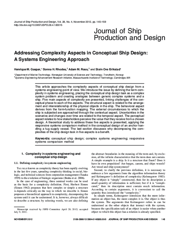 (PDF) Addressing Complexity Aspects in Conceptual Ship Design: A Systems Engineering Approach