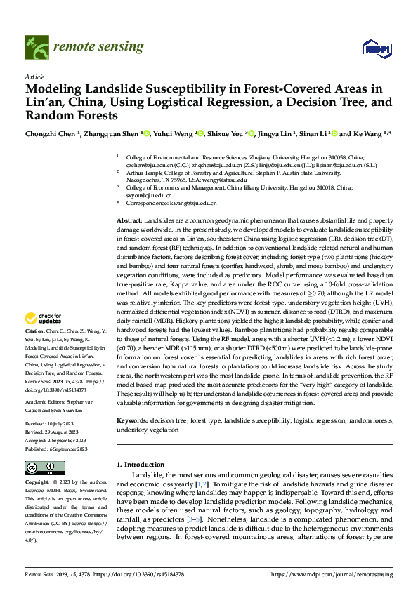 (PDF) Modeling Landslide Susceptibility in Forest-Covered Areas in Lin’an, China, Using ...