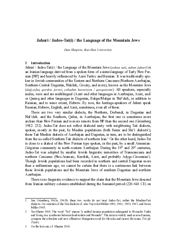 (PDF) Juhuri / Judeo-Tat(i) / the Language of the Mountain Jews