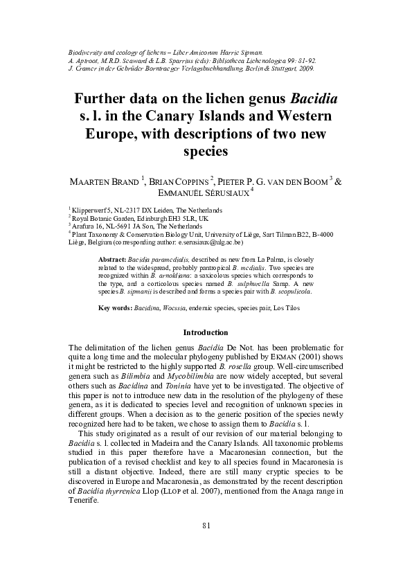 (PDF) Further data on the lichen genus Bacidia sl in the Canary Islands ...