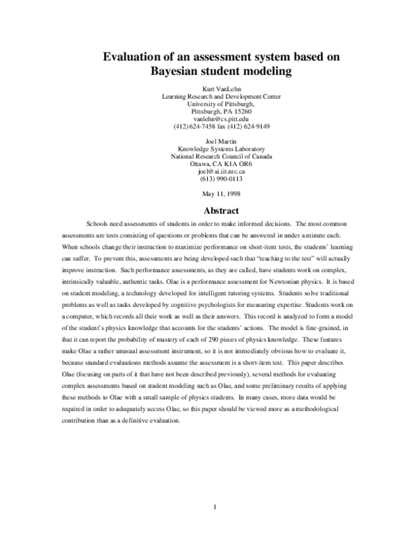 (PDF) J. Evaluation on an assessment system based on Bayesian student modeling