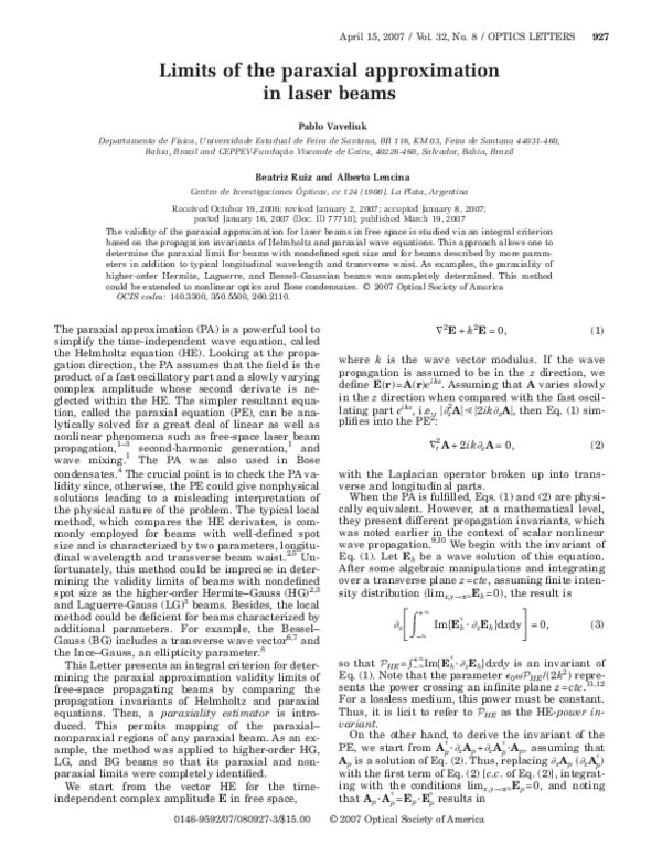 (PDF) Limits of the paraxial approximation in laser beams
