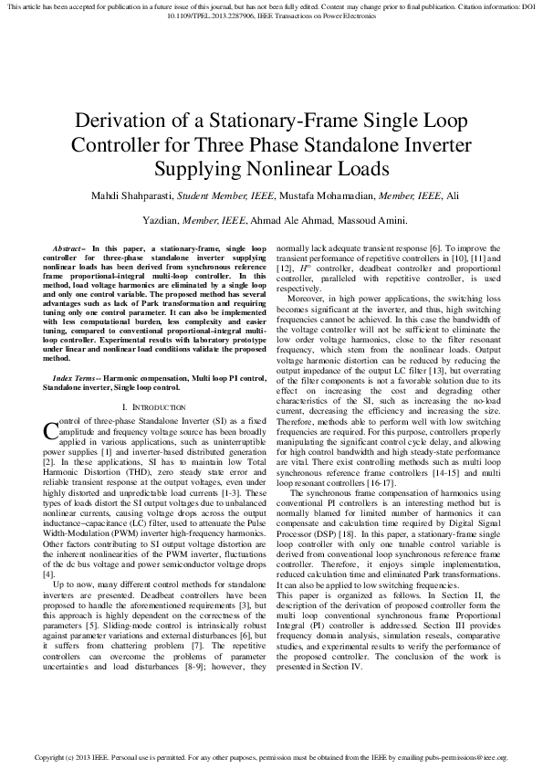 (PDF) Derivation of a Stationary-Frame Single-Loop Controller for Three-Phase Standalone ...