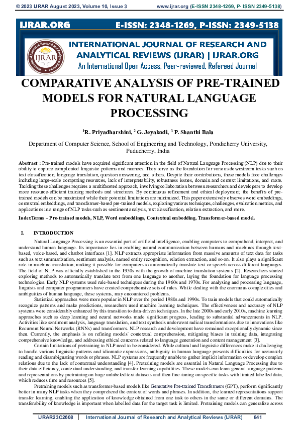 Pdf Comparative Analysis Of Pre Trained Models For Natural Language Processing