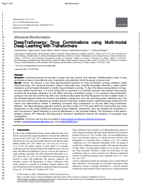 (PDF) DeepTraSynergy: drug combinations using multimodal deep learning with transformers