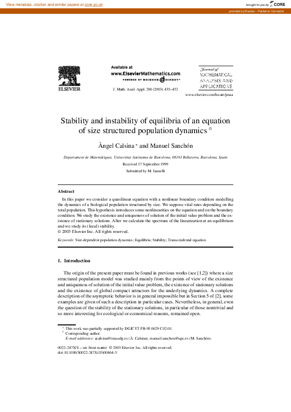 (PDF) Stability and instability of equilibria of an equation of size structured population dynamics