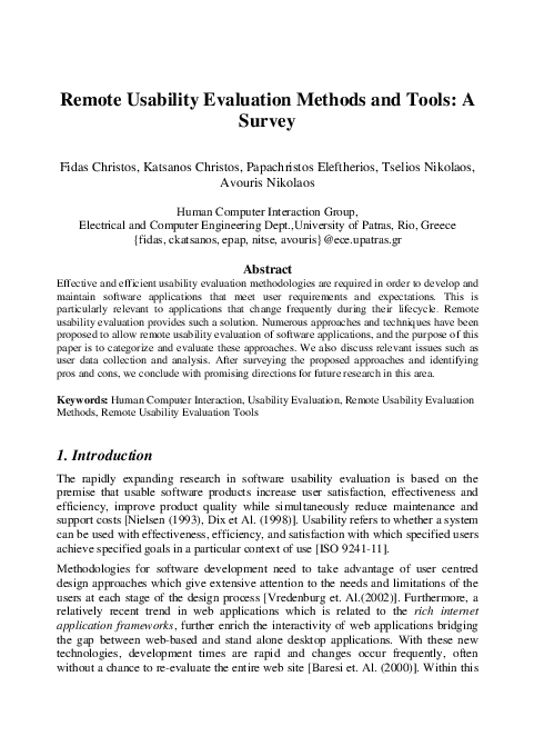 (PDF) Remote Usability Evaluation Methods and Tools: A Survey