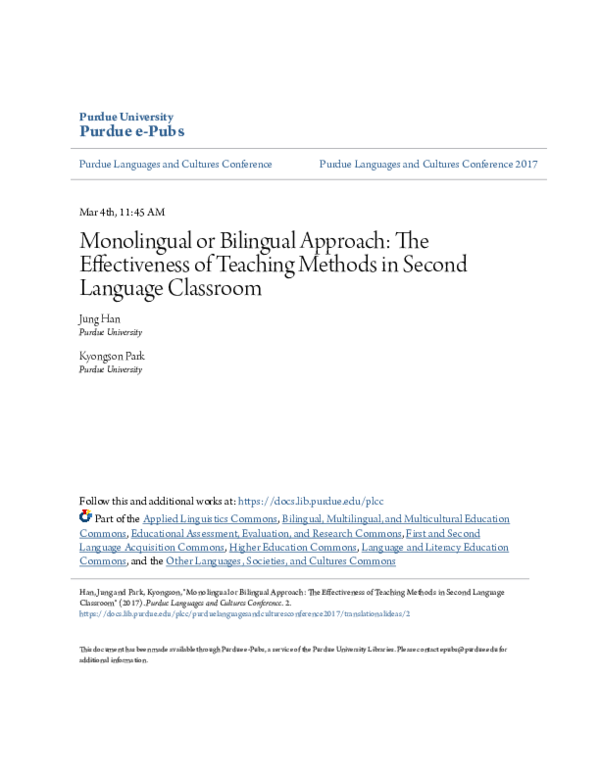 (PDF) Monolingual or Bilingual Approach: The Effectiveness of Teaching Methods in Second ...