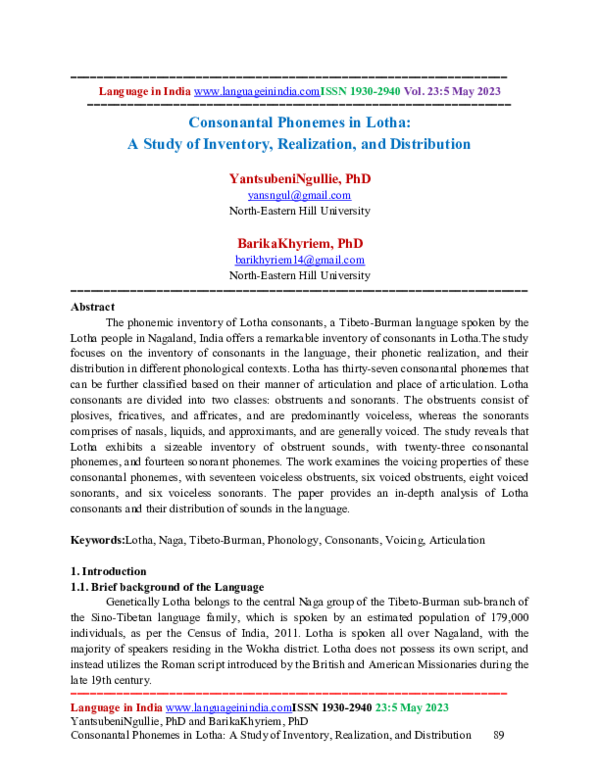 (PDF) Consonantal Phonemes in Lotha: A Study of Inventory, Realization ...