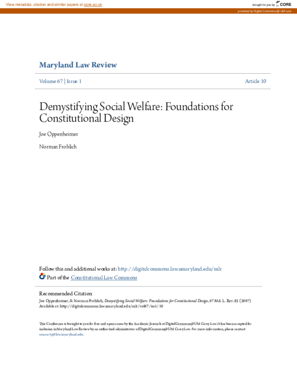 (PDF) Demystifying Social Welfare: Foundations for Constitutional Design
