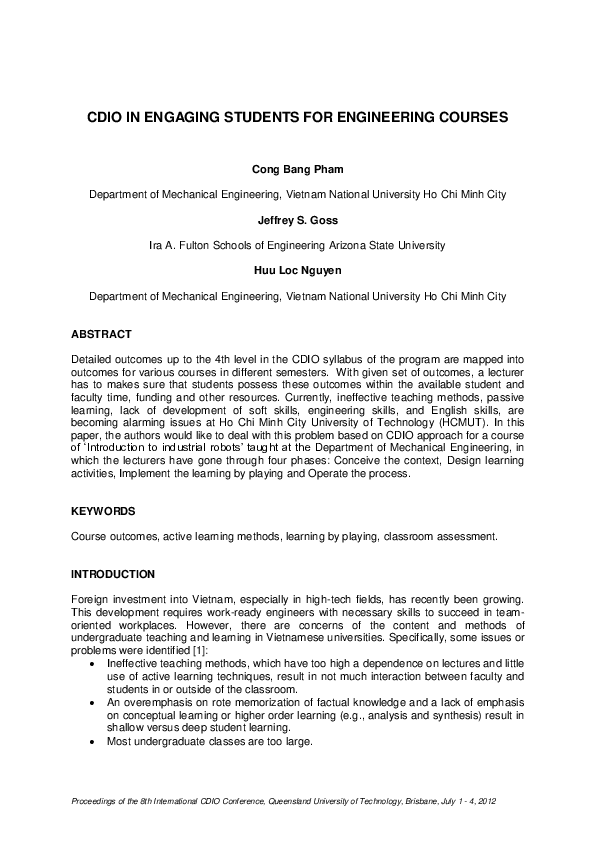 (PDF) Cdio in Engaging Students for Engineering Courses