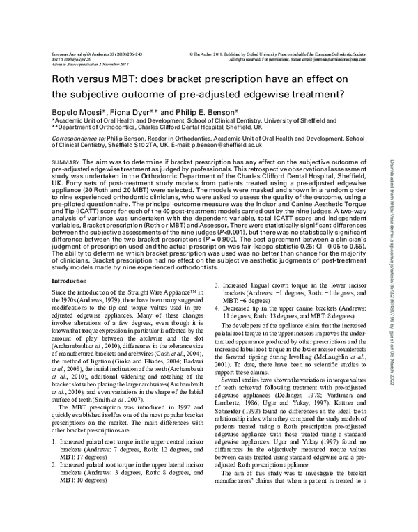 (PDF) Roth versus MBT does bracket prescription have an effect on