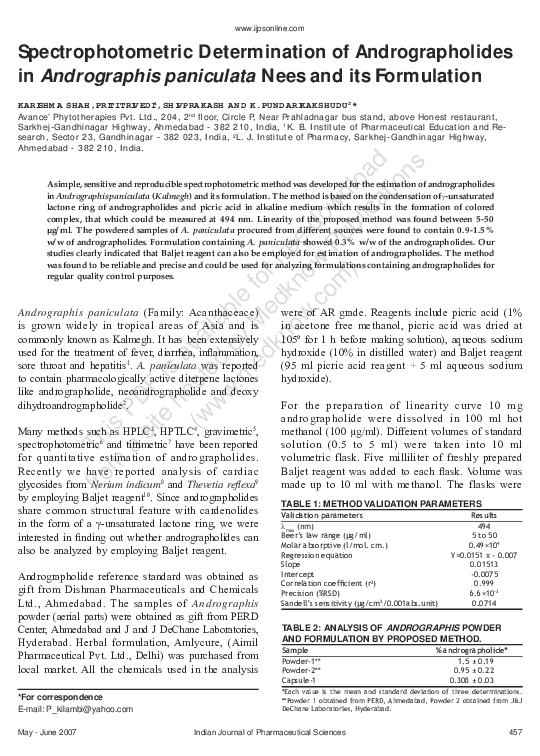 Pdf Spectrophotometric Determination Of Andrographolides In Andrographis Paniculata Nees And