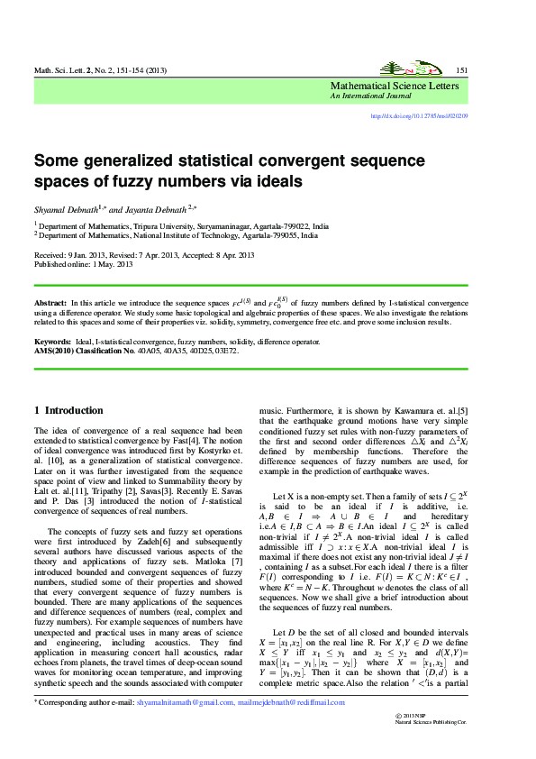 (PDF) Some generalized statistical convergent sequence spaces of fuzzy ...