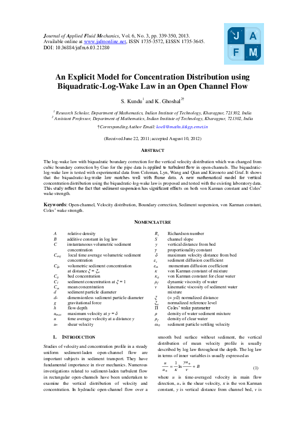 (PDF) An Explicit Model for Concentration Distribution using Biquadratic-Log-Wake Law in an Open ...