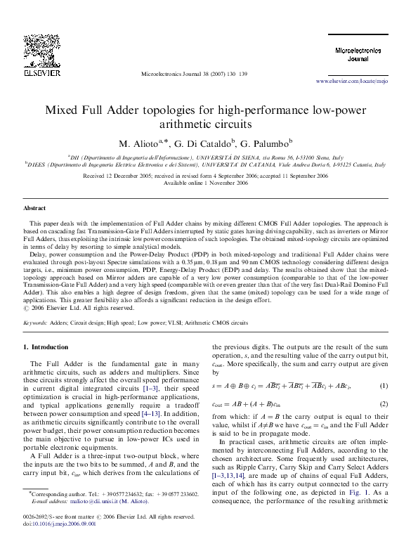 (PDF) Mixed Full Adder topologies for high-performance low-power ...