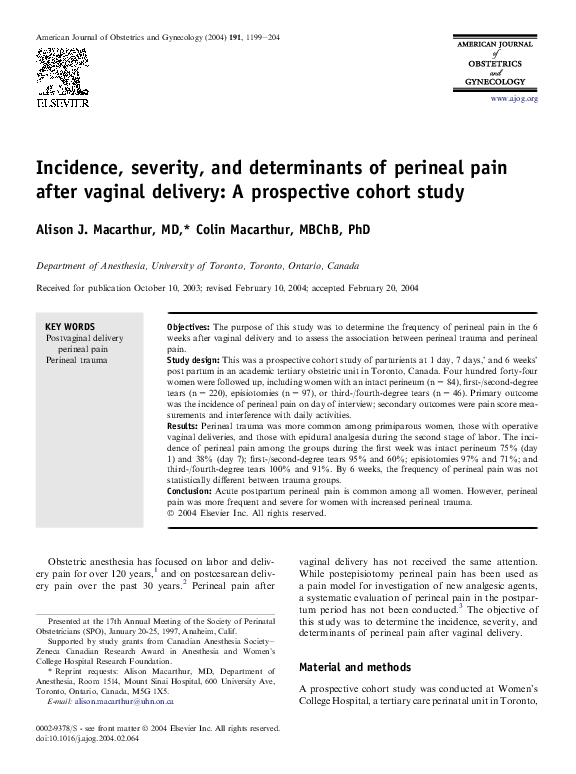 (PDF) Incidence, severity, and determinants of perineal pain after ...
