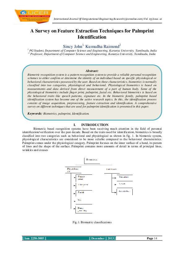 Pdf A Survey On Feature Extraction Techniques For Palmprint