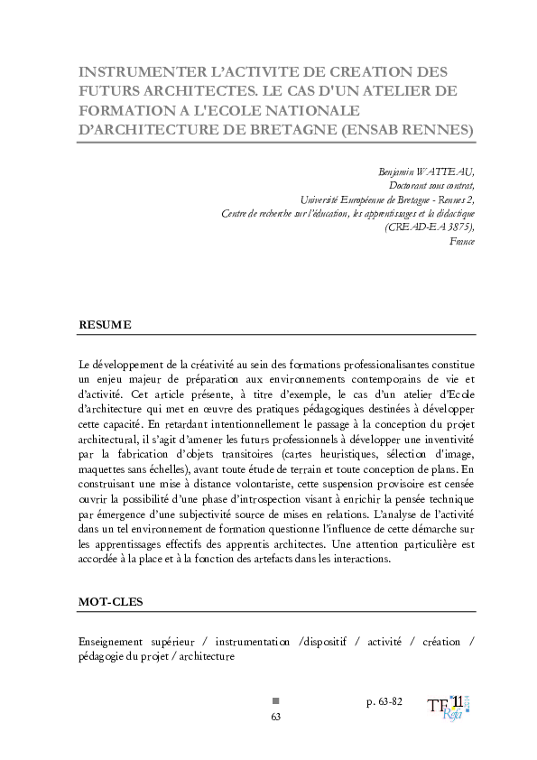 (PDF) Instrumenter L’Activite De Creation Des Futurs Architectes. Le ...