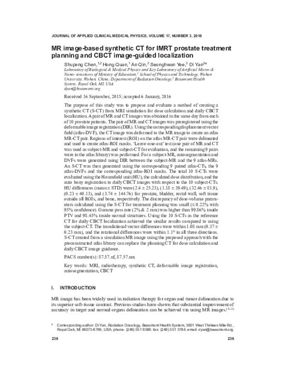 Pdf Mr Image Based Synthetic Ct For Imrt Prostate Treatment Planning And Cbct Image Guided