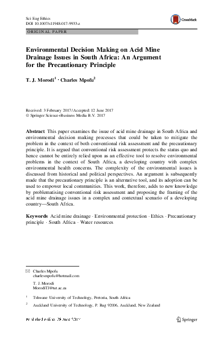 (PDF) Environmental Decision Making on Acid Mine Drainage Issues in South Africa: An Argument ...