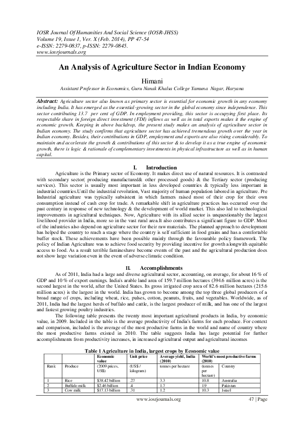 (PDF) An Analysis of Agriculture Sector in Indian Economy