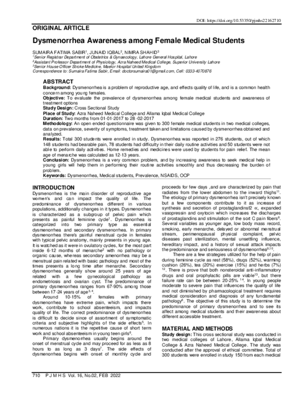 (PDF) Dysmenorrhea Awareness among Female Medical Students