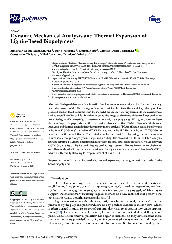 (PDF) Dynamic Mechanical Analysis and Thermal Expansion of Lignin-Based Biopolymers