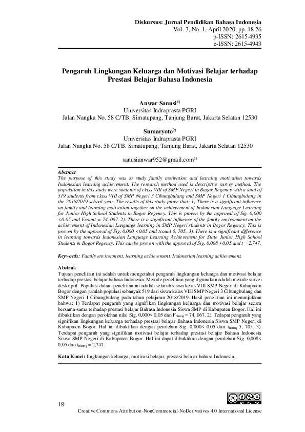(PDF) Pengaruh Lingkungan Keluarga dan Motivasi Belajar terhadap Prestasi Belajar Bahasa ...