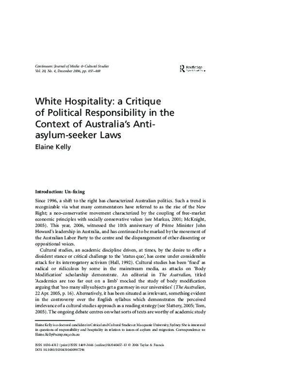 (PDF) White Hospitality: a Critique of Political Responsibility in the ...