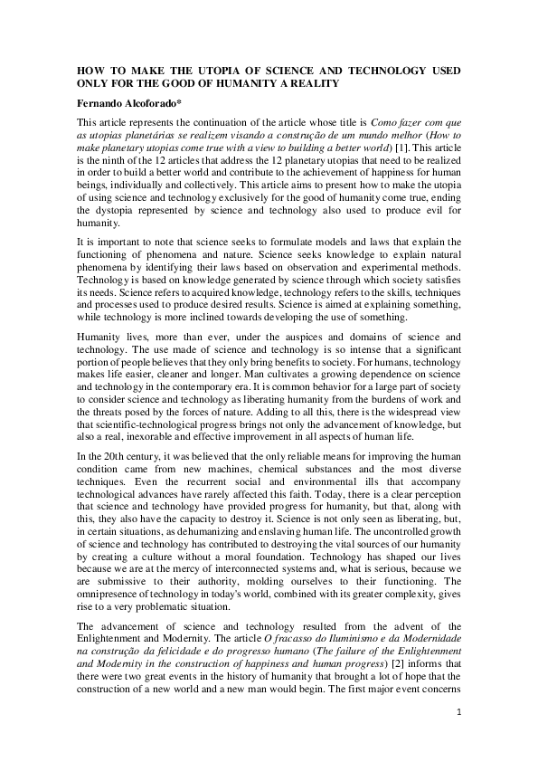 (PDF) HOW TO MAKE THE UTOPIA OF SCIENCE AND TECHNOLOGY USED ONLY FOR ...
