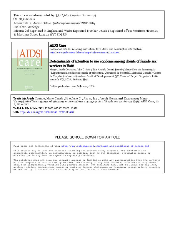 Pdf Determinants Of Intention To Use Condoms Among Clients Of Female Sex Workers In Haiti