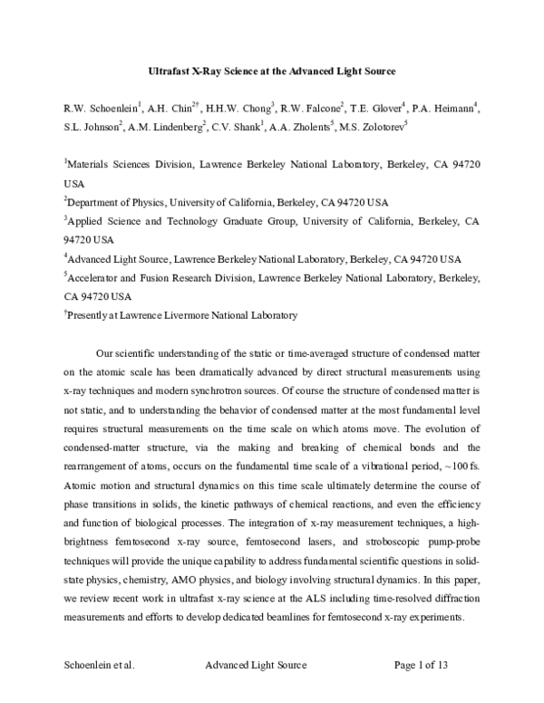 (PDF) Ultrafast x-ray science at the Advanced Light Source