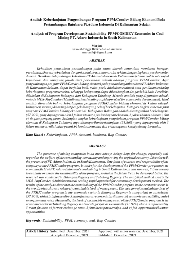 (PDF) Analisis Keberlanjutan Pengembangan Program PPM/Comdev Bidang Ekonomi Pada Pertambangan ...