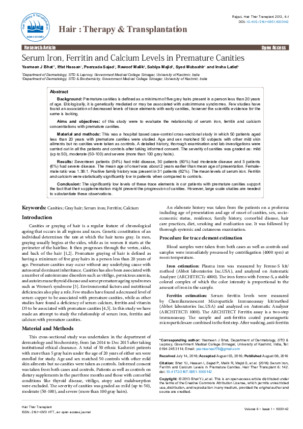 (PDF) Serum Iron, Ferritin and Calcium Levels in Premature Canities