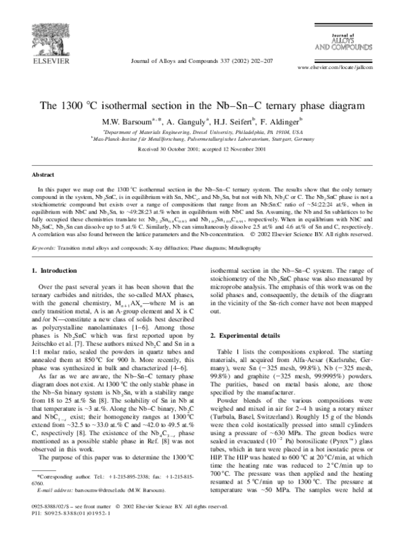 (PDF) The 1300 °C isothermal section in the Nb–Sn–C ternary phase diagram