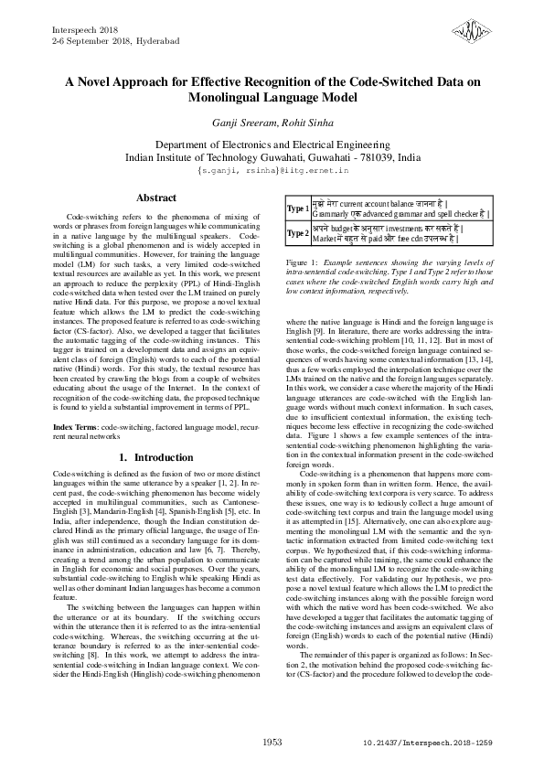 Pdf A Novel Approach For Effective Recognition Of The Code Switched Data On Monolingual