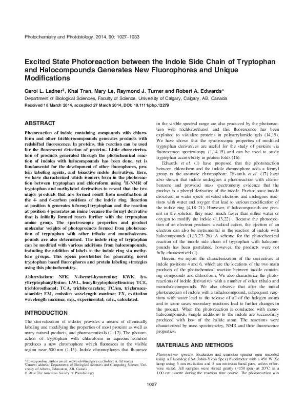 (PDF) Excited State Photoreaction between the Indole Side Chain of ...