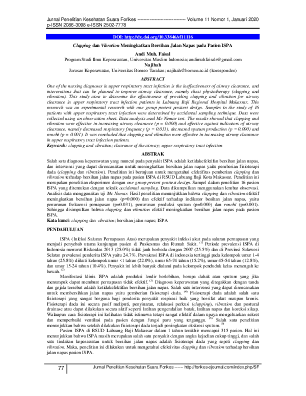 (PDF) Clapping dan Vibration Meningkatkan Bersihan Jalan Napas pada Pasien ISPA