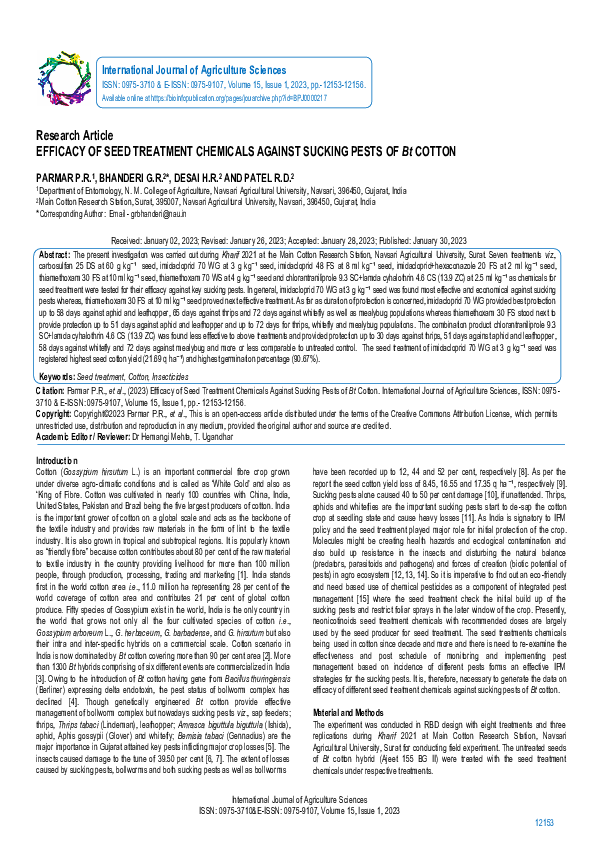 (PDF) EFFICACY OF SEED TREATMENT CHEMICALS AGAINST SUCKING PESTS OF Bt COTTON