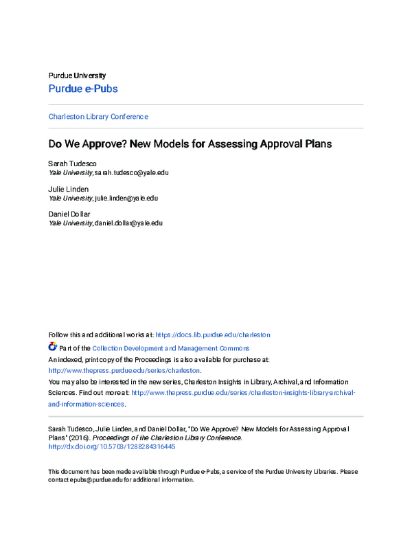 (PDF) Do We Approve? New Models for Assessing Approval Plans