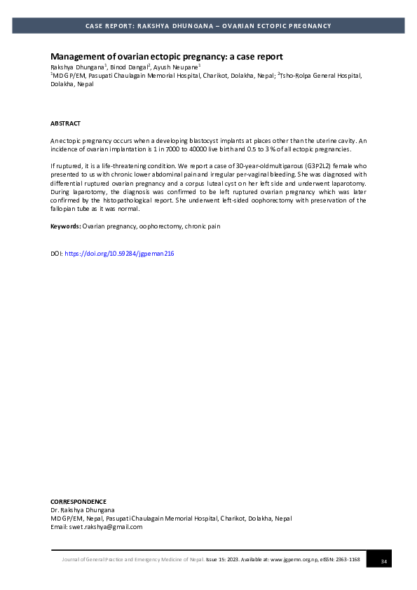 (PDF) Management of ovarian ectopic pregnancy: a case report