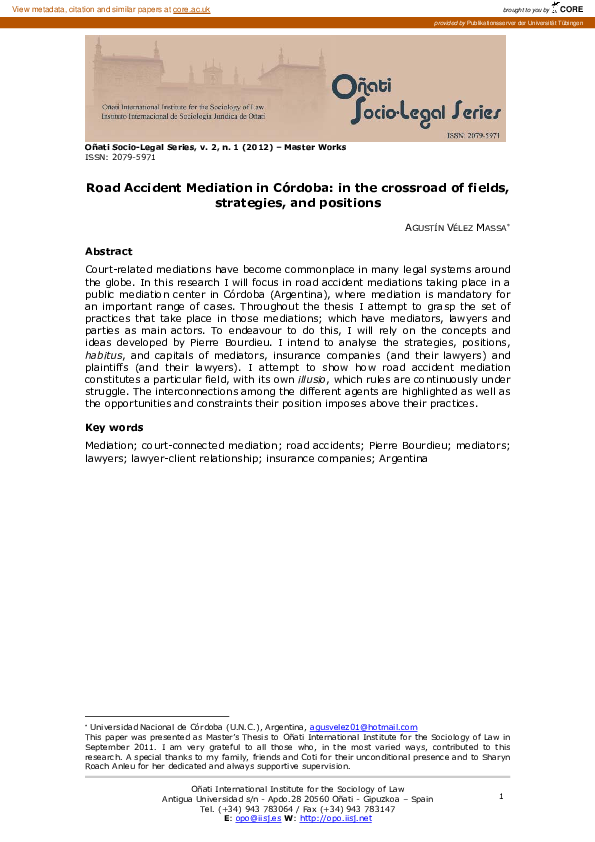 (PDF) Road Accident Mediation in Córdoba: in the crossroad of fields ...