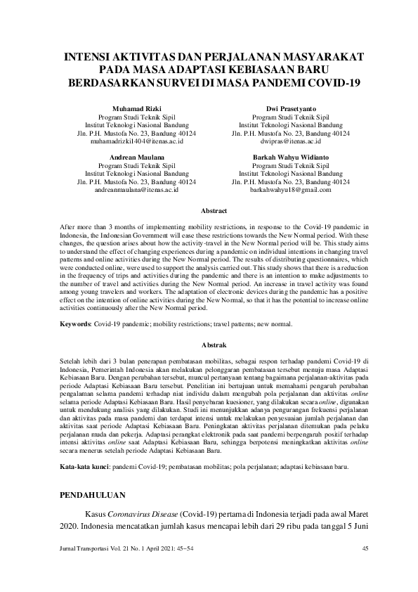 (PDF) Intensi Aktivitas Dan Perjalanan Masyarakat Pada Masa Adaptasi Kebiasaan Baru Berdasarkan ...