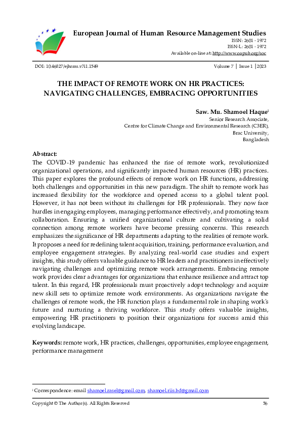 (PDF) The Impact of Remote Work on HR Practices: Navigating Challenges, Embracing Opportunities