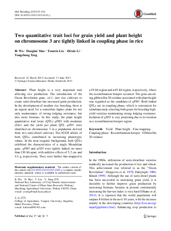 Pdf Two Quantitative Trait Loci For Grain Yield And Plant Height On