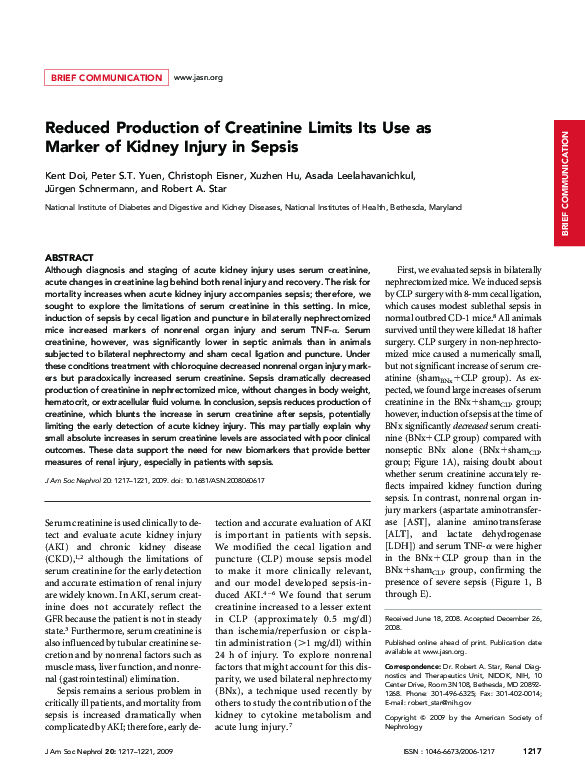 (PDF) Reduced Production of Creatinine Limits Its Use as Marker of ...
