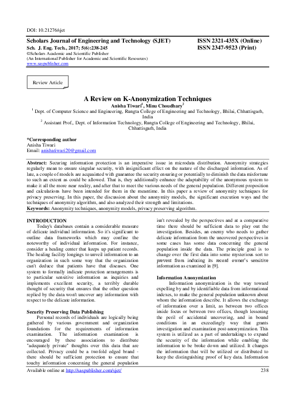 (PDF) A Review on K-Anonymization Techniques